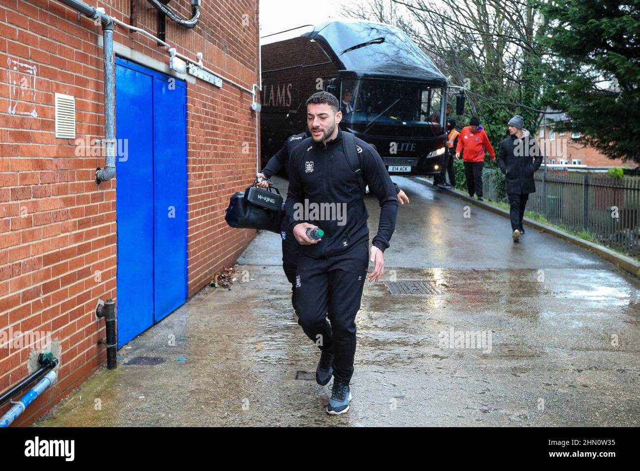 Jake Connor #1 of Hull FC arrives back at The Belle Vue Stadium ahead ...