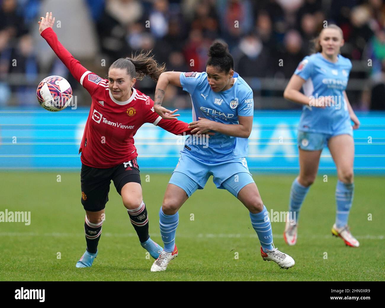 Manchester United's Vilde Boe Risa (left) and Manchester City's Demi ...