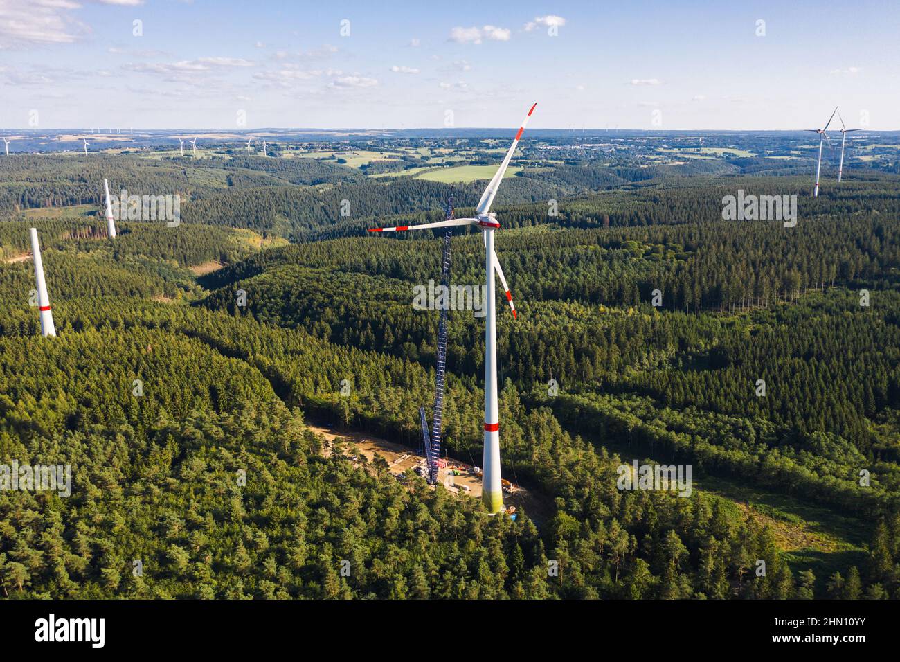 Aerial view of wind turbines or a wind farm under construction Stock ...