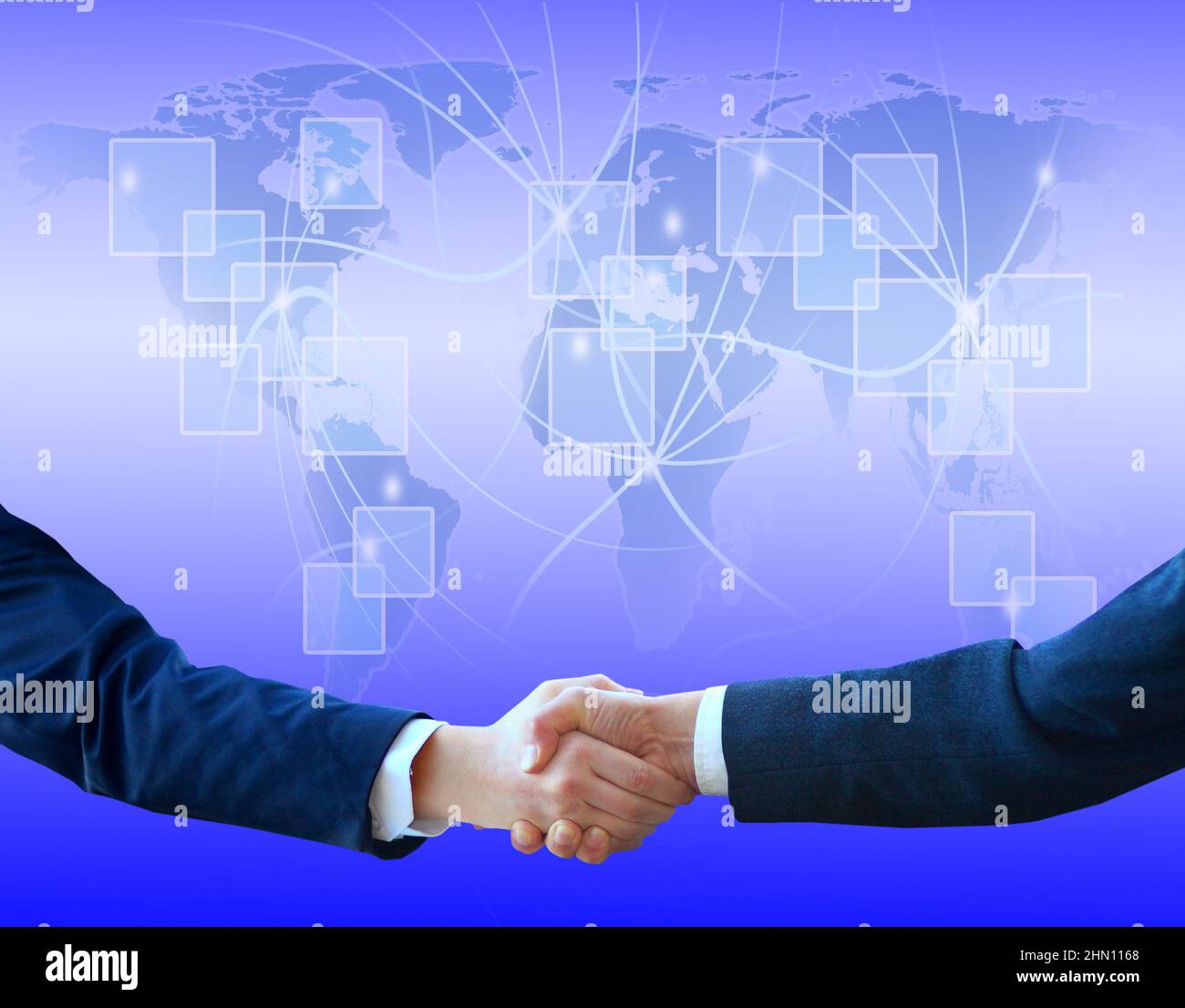 Handshake with map of the world in background Stock Photo - Alamy
