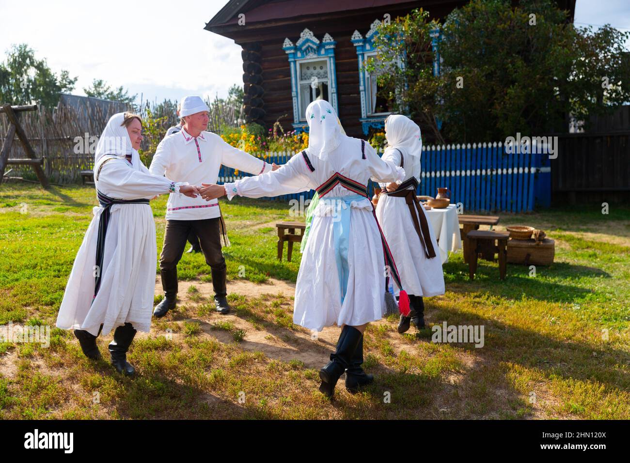 Actors showing open air theatrical performance in Ethnographic Museum ...