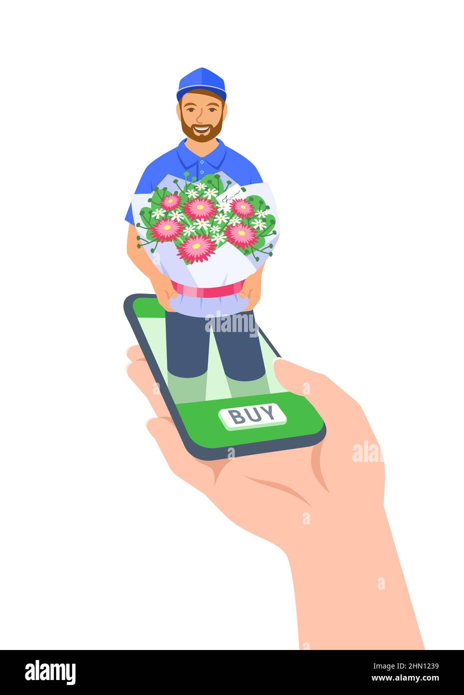 Fresh flowers express delivery. Delivery man holds floral bouquet ...
