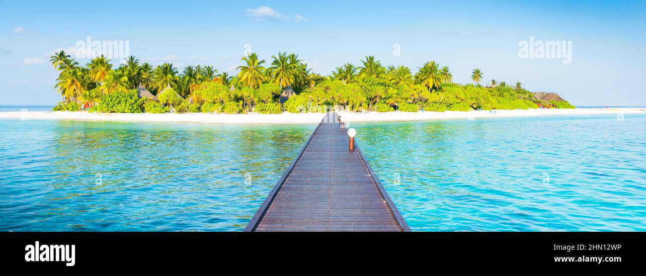 Tropical island in the ocean. Palm trees over the white beach ...