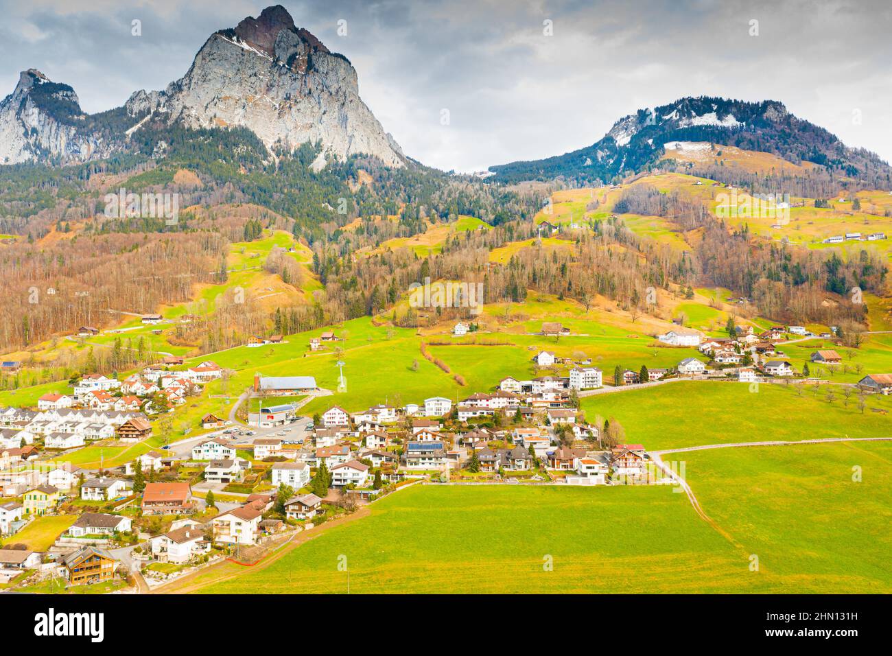 Village in Switzerland. Canton of Schwyz. Panorama aerial view from a ...