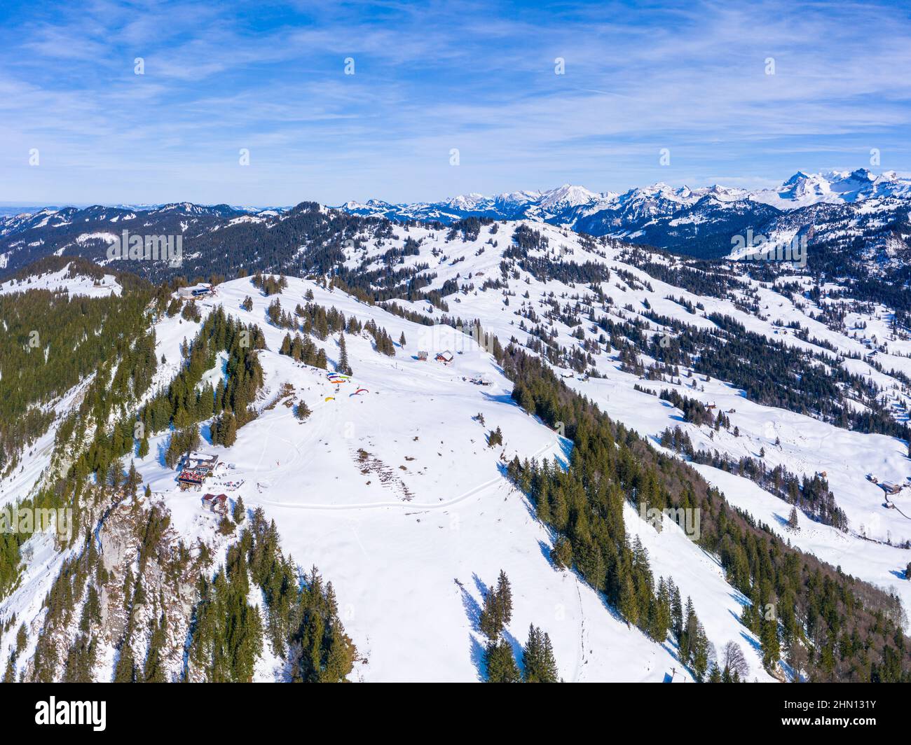 Panorama aerial view of the Alps of Mythen mountain range in central ...