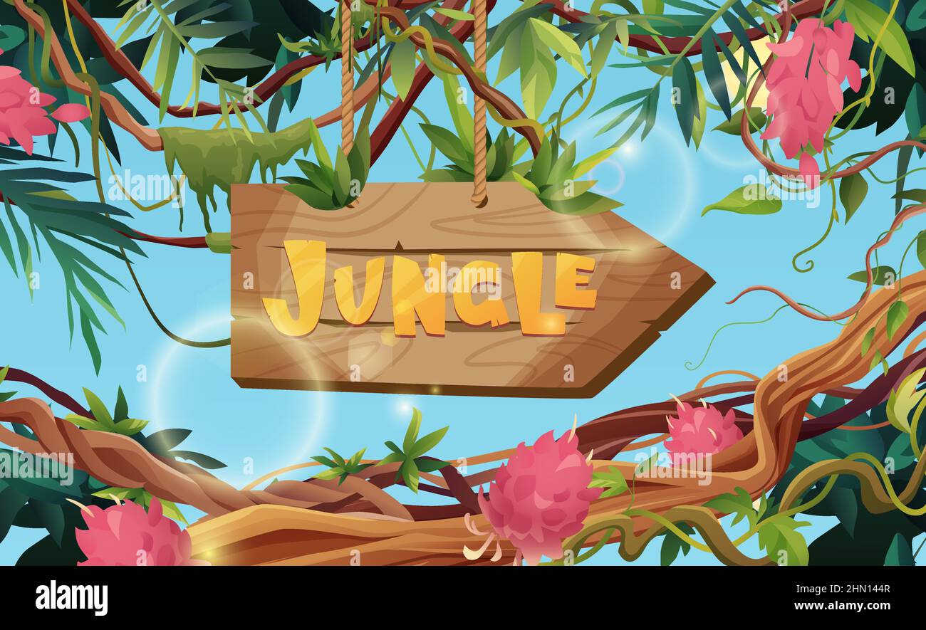 Jungle hand lettering wooden text. Textured cartoon letters. Liana or ...