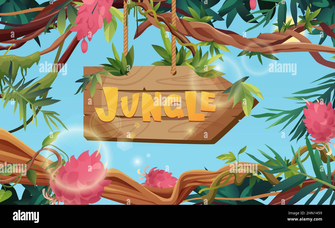 Jungle hand lettering wooden text. Textured cartoon letters. Liana or ...