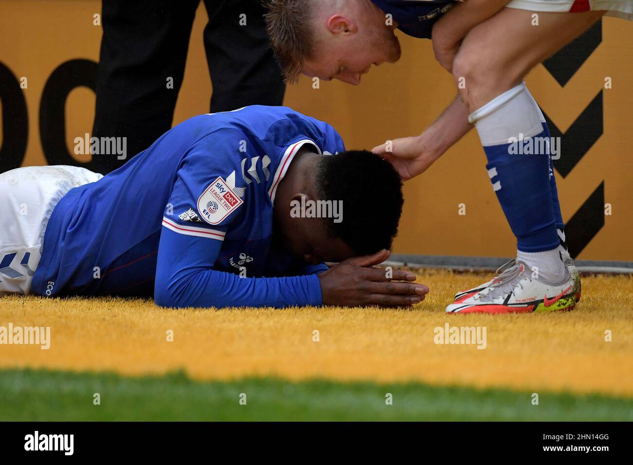 NEWPORT, UK. FEB 12TH Oldham Athletic's Mike Fondop celebrates scoring ...