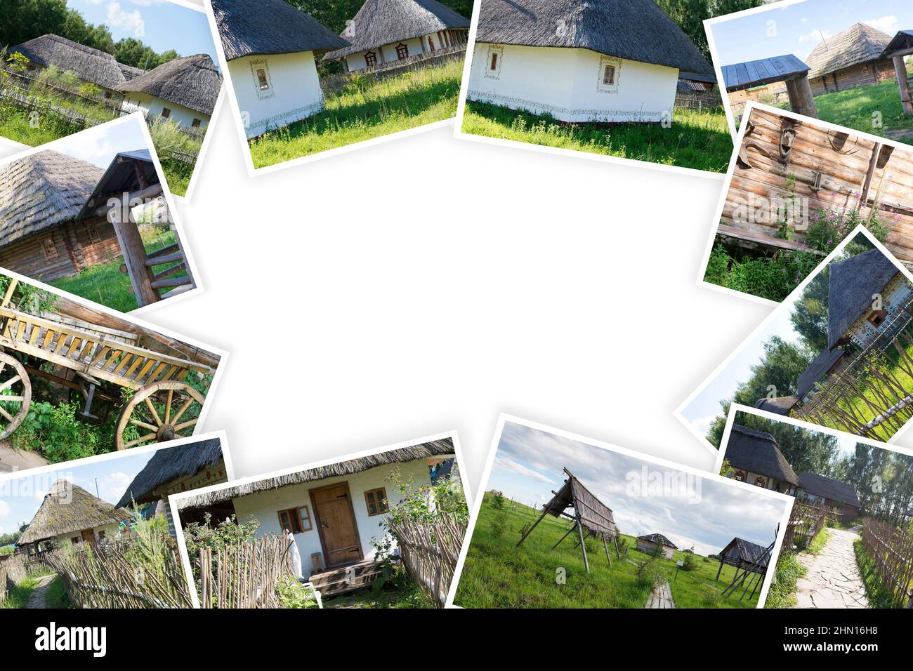 Collage of photos in the village in summer. The concept of recreation ...