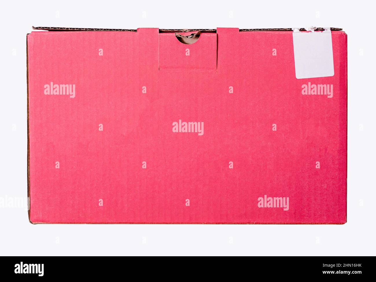 Pink cardboard box on a white background. The box is opened, the ...