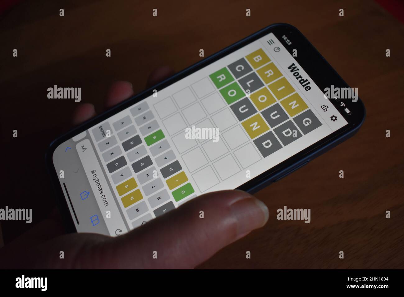 A Wordle game on an iPhone 12. The Wordle game was purchased by The New ...