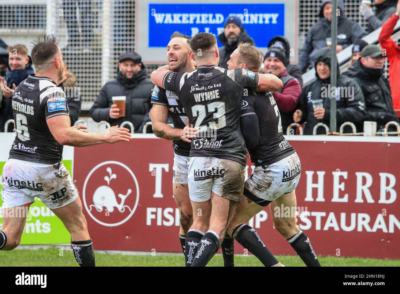 Luke Gale #7 of Hull FC celebrates his try and opens the score for Hull ...