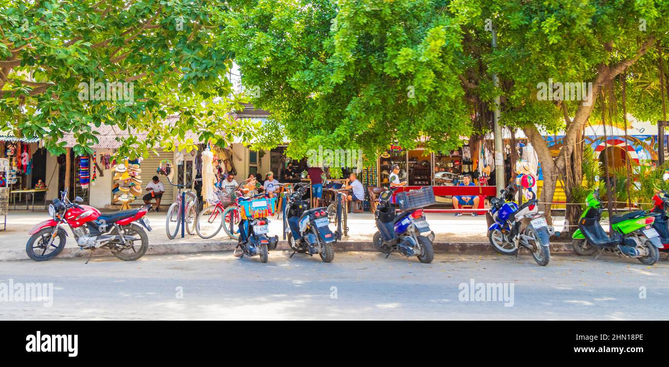 Tulum Mexico 02. February 2022 Driving thru typical colorful street ...
