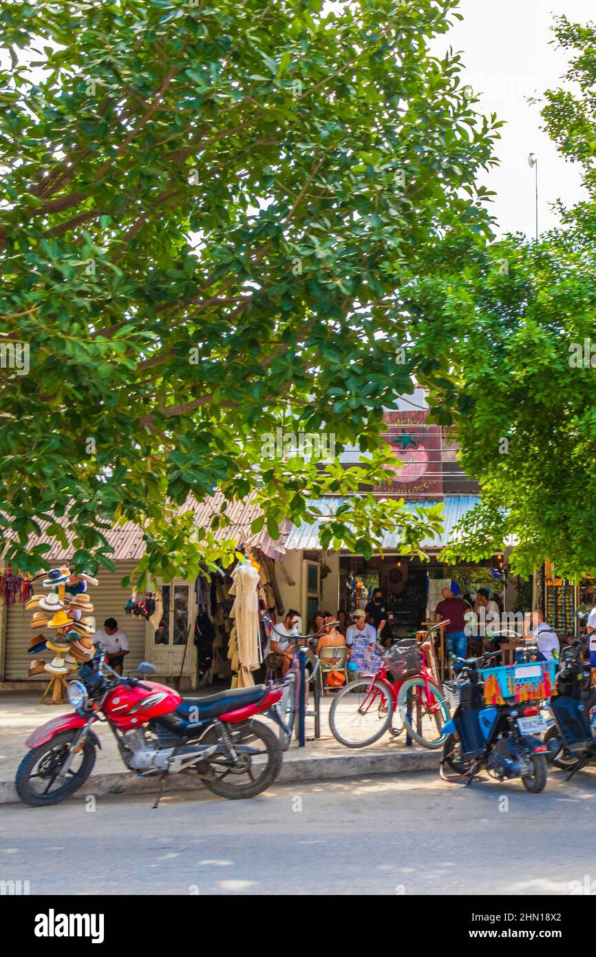 Tulum Mexico 02. February 2022 Driving thru typical colorful street ...