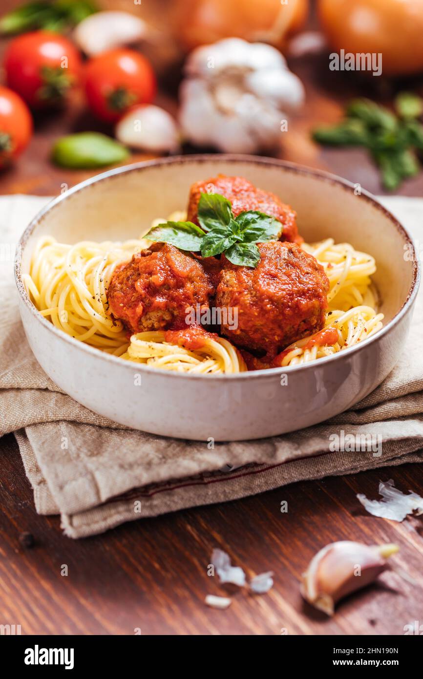 Raw minced meat ready for making meatballs. Decorated with ingredients ...