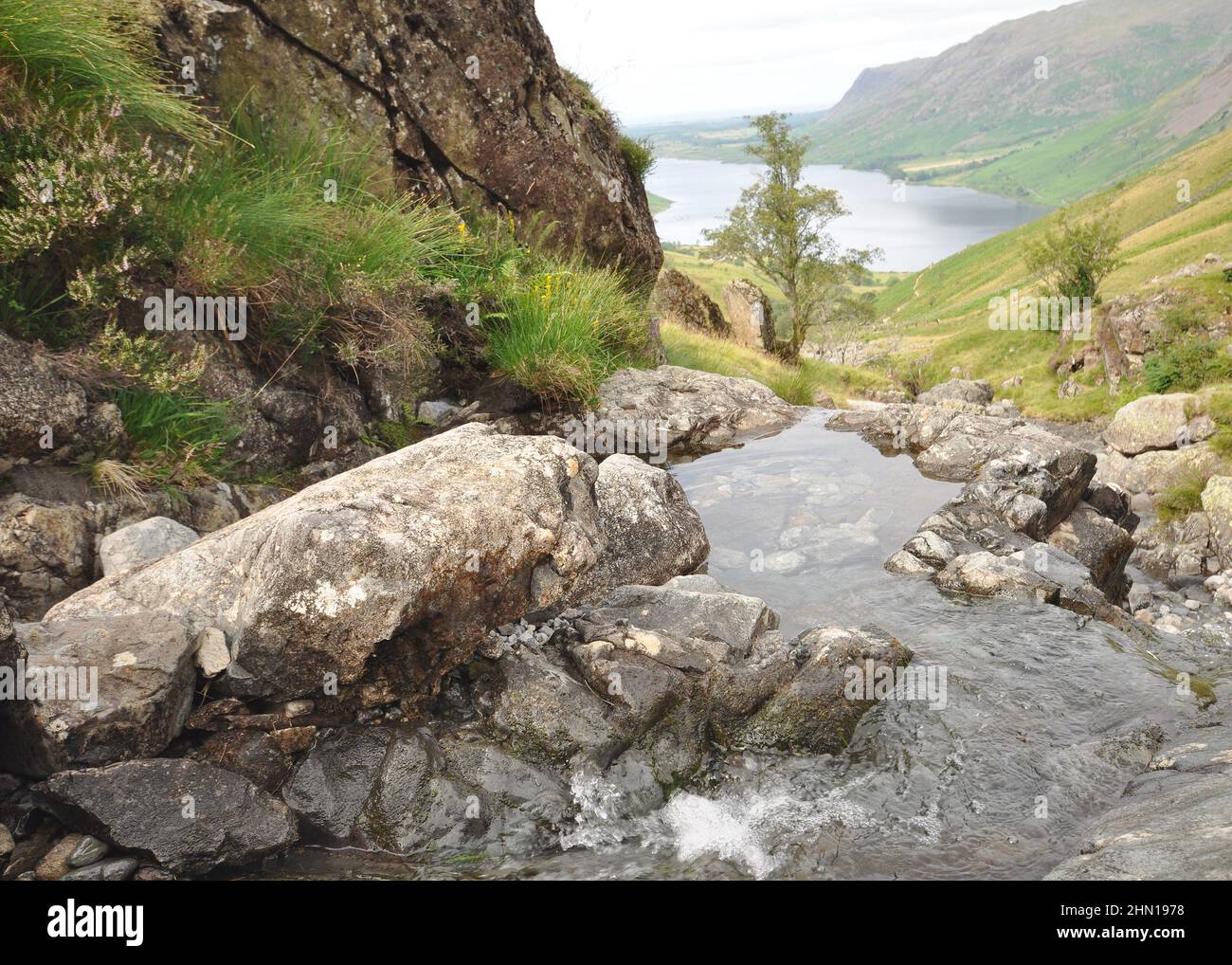 Scafell Pike, Lake district, looking towards Wast Water with stream ...