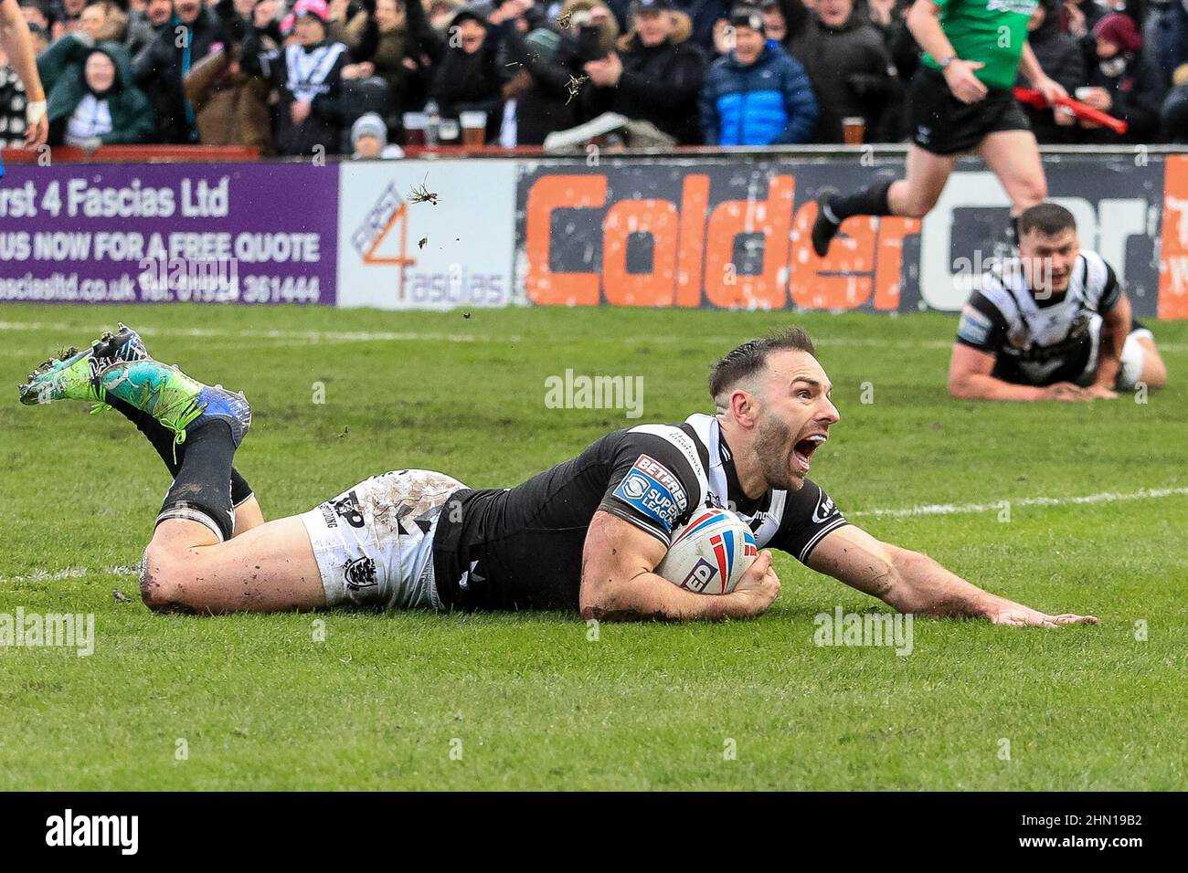 Luke Gale #7 of Hull FC goes over for a try to open the score for Hull ...