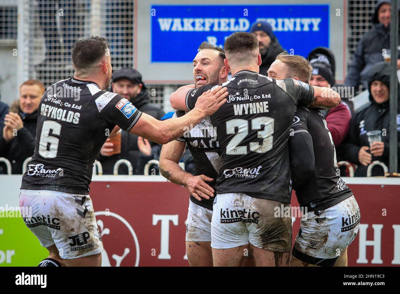 Luke Gale #7 of Hull FC celebrates his try and opens the score for Hull ...