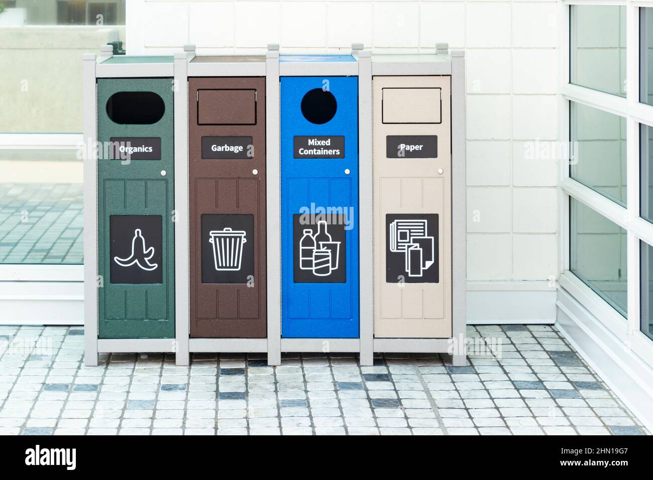 4 colour coded recycling bins for trash in Vancouver canada Stock Photo ...