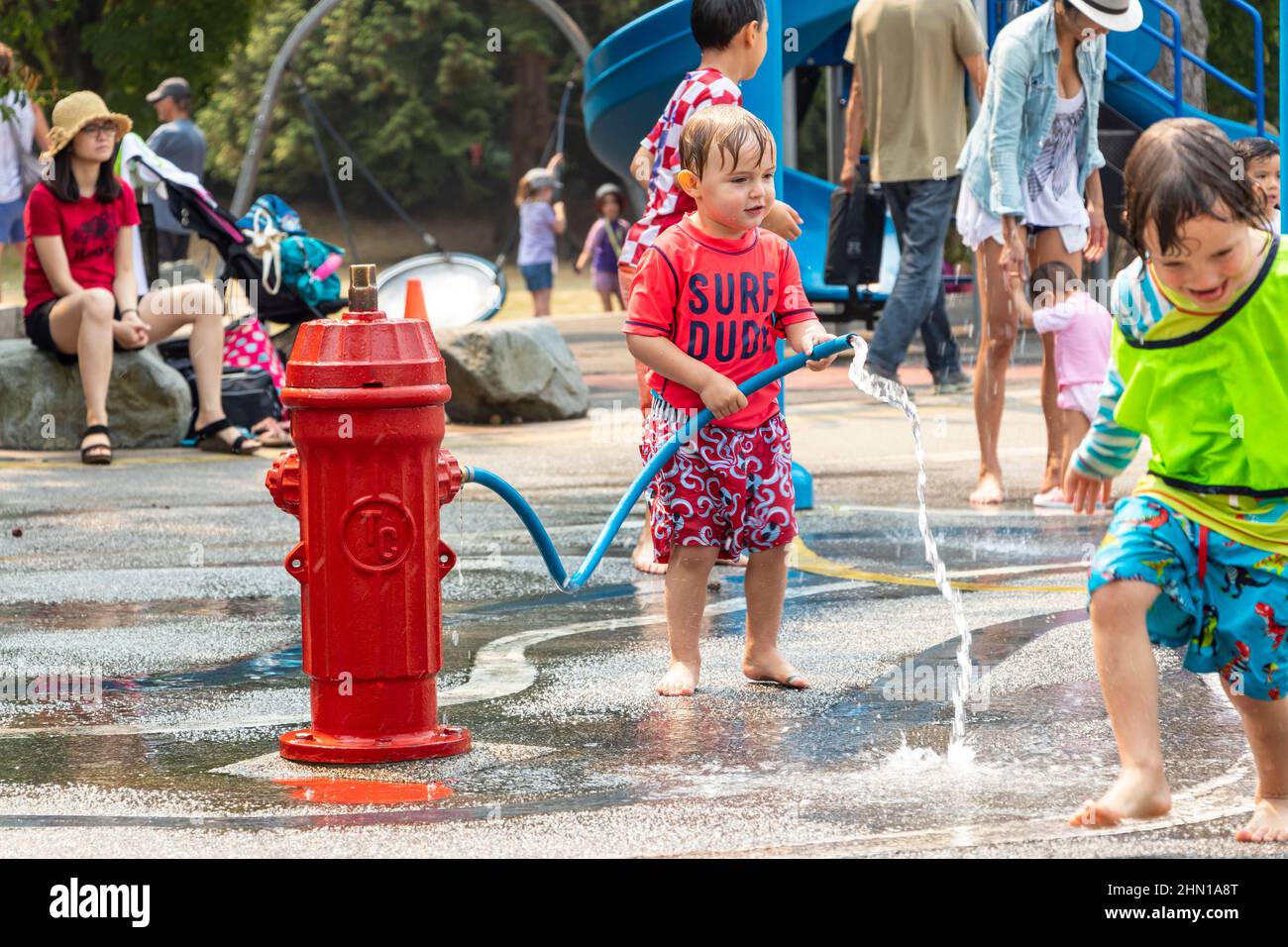 young chlidren playing in Vancouver park with water from hose and fire ...
