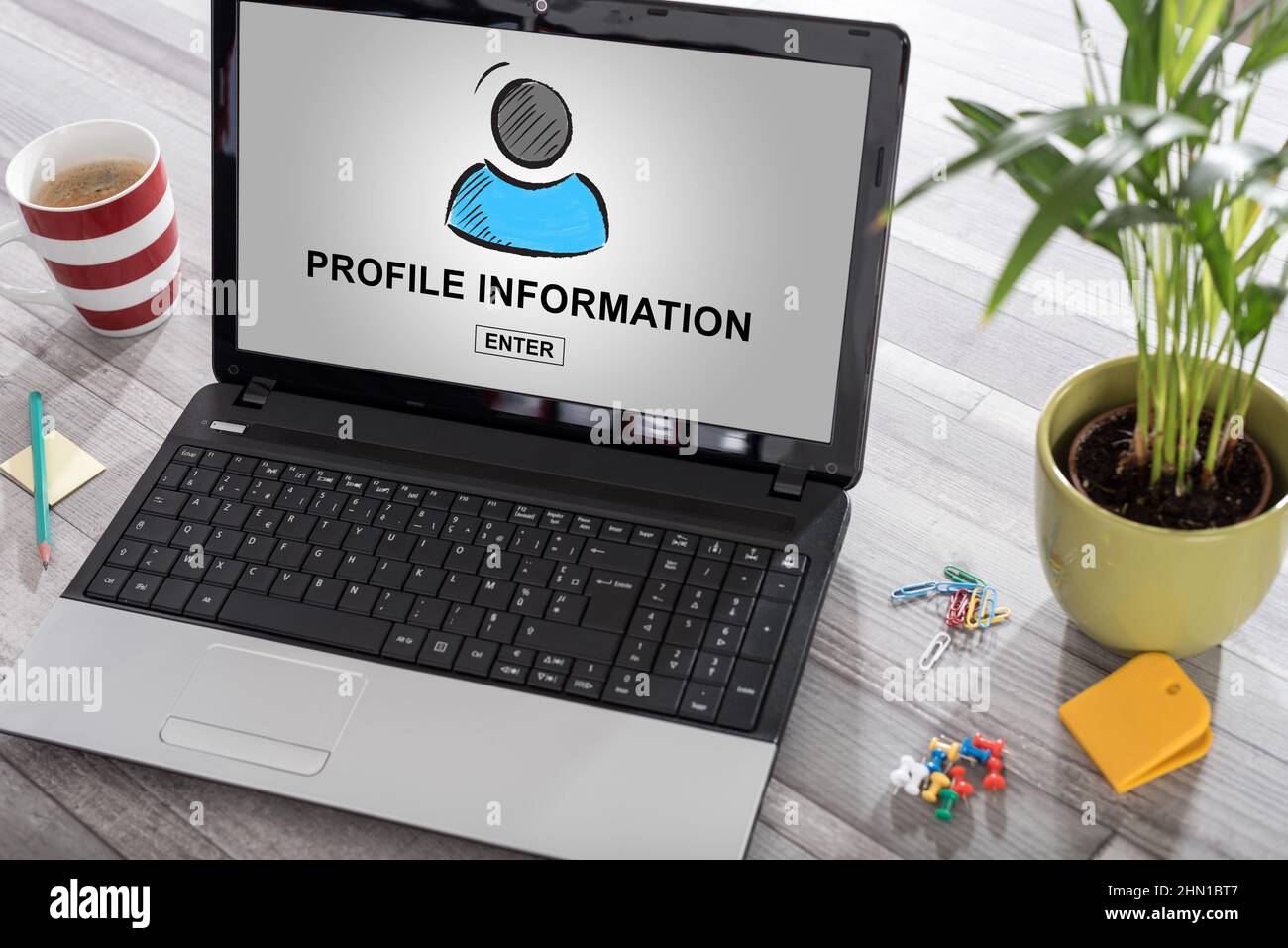 Laptop on a desk with profile information concept on the screen Stock ...