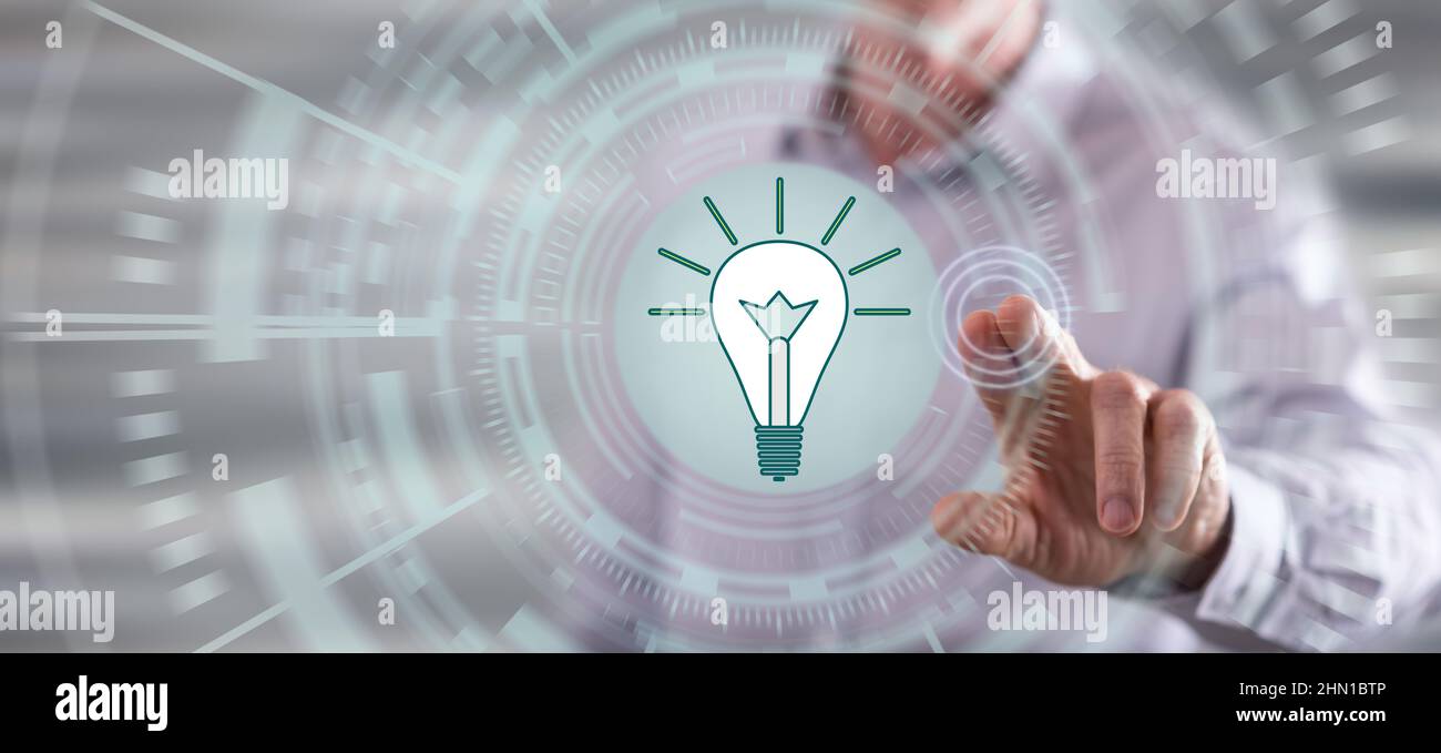 Man touching a new technology innovation concept on a touch screen with ...
