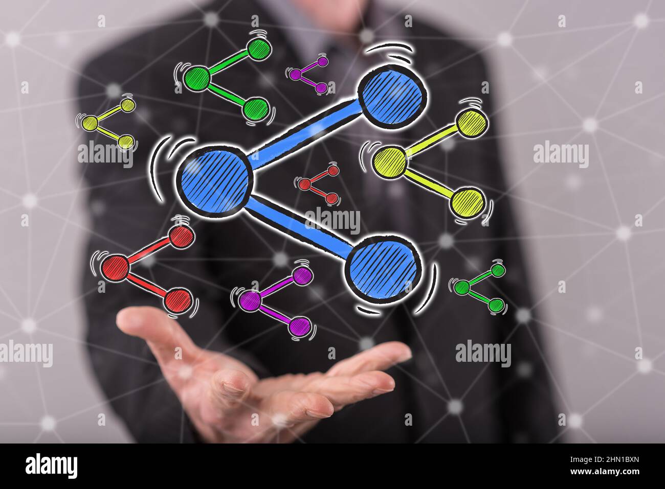 Share concept above the hand of a man in background Stock Photo - Alamy