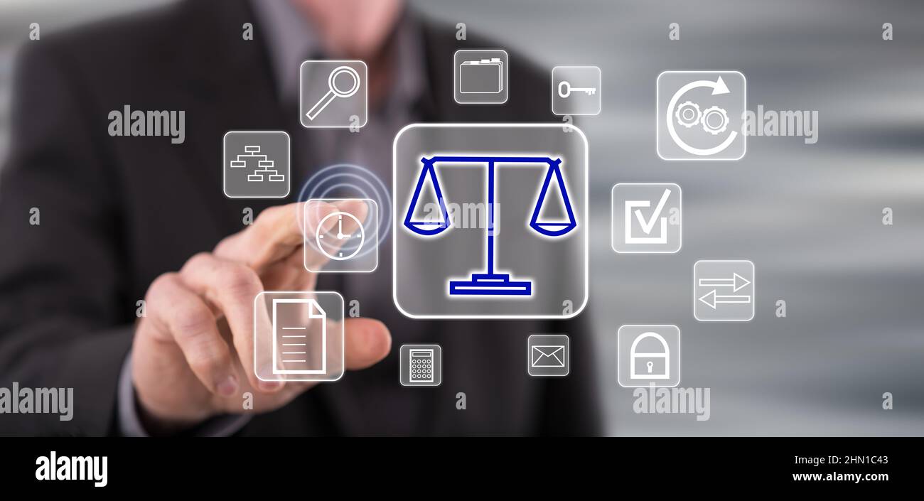 Man touching a business compliance on a touch screen with his finger ...