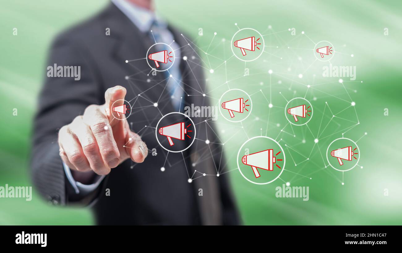 Man touching a digital marketing concept on a touch screen with his ...
