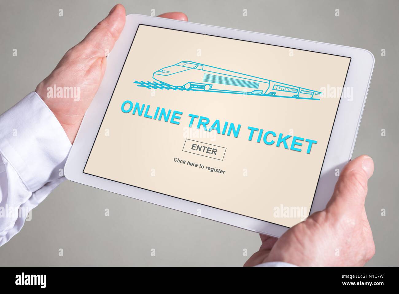 Tablet screen displaying an online train ticket concept Stock Photo - Alamy