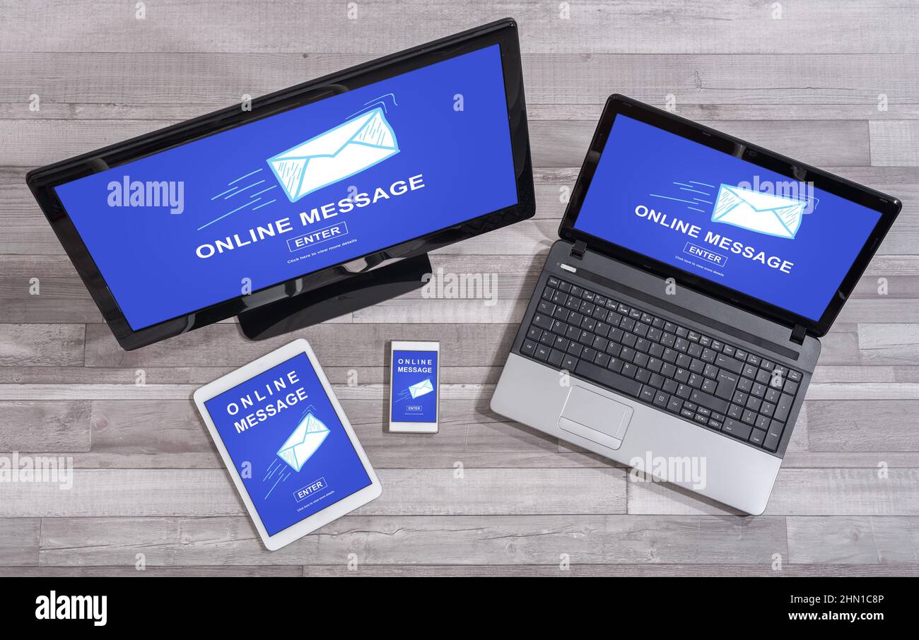 Online message concept shown on different information technology ...