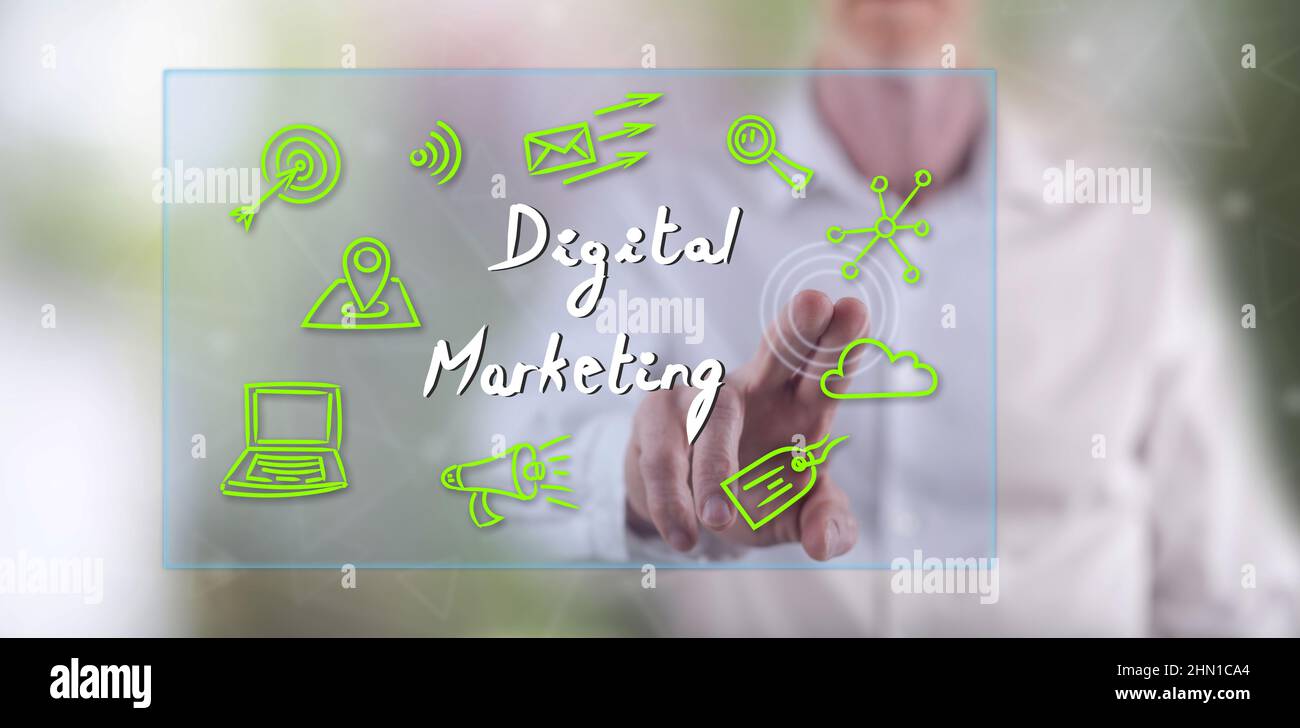 Man touching a digital marketing concept on a touch screen with his ...
