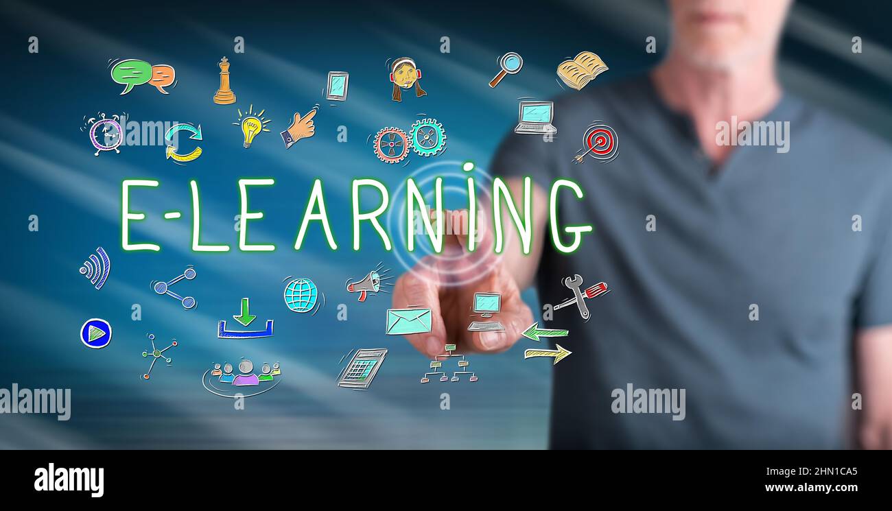 Man touching an e-learning concept on a touch screen with his finger ...