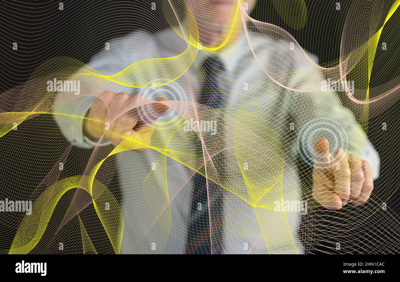 Man touching an abstract wave network concept on a touch screen with ...