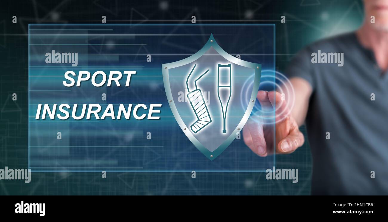 Man touching a sport insurance concept on a touch screen with his ...