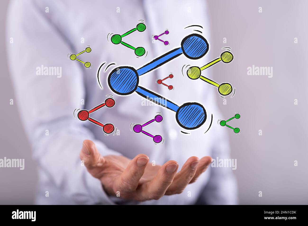 Share concept above the hand of a man in background Stock Photo - Alamy