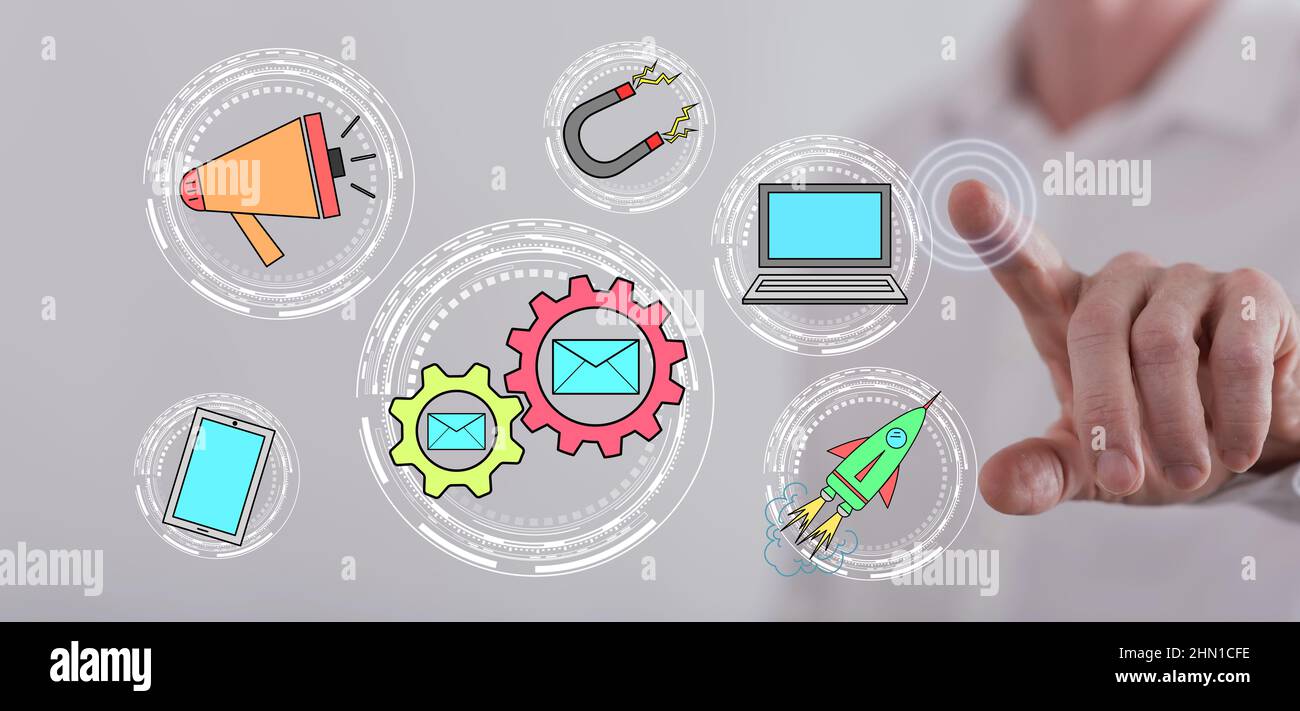 Man touching a digital marketing concept on a touch screen with his ...
