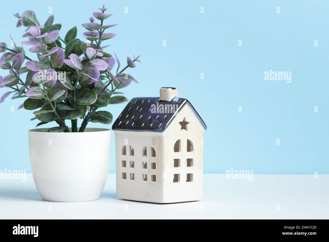 Small ceramic house plant in a pot on a white table on a blue ...