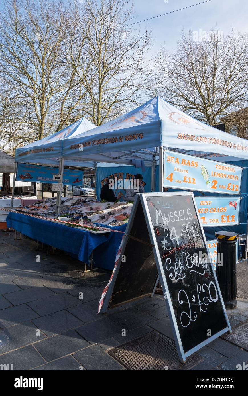 Fresh fish stall at the Saturday market in the city centre, St. Albans ...
