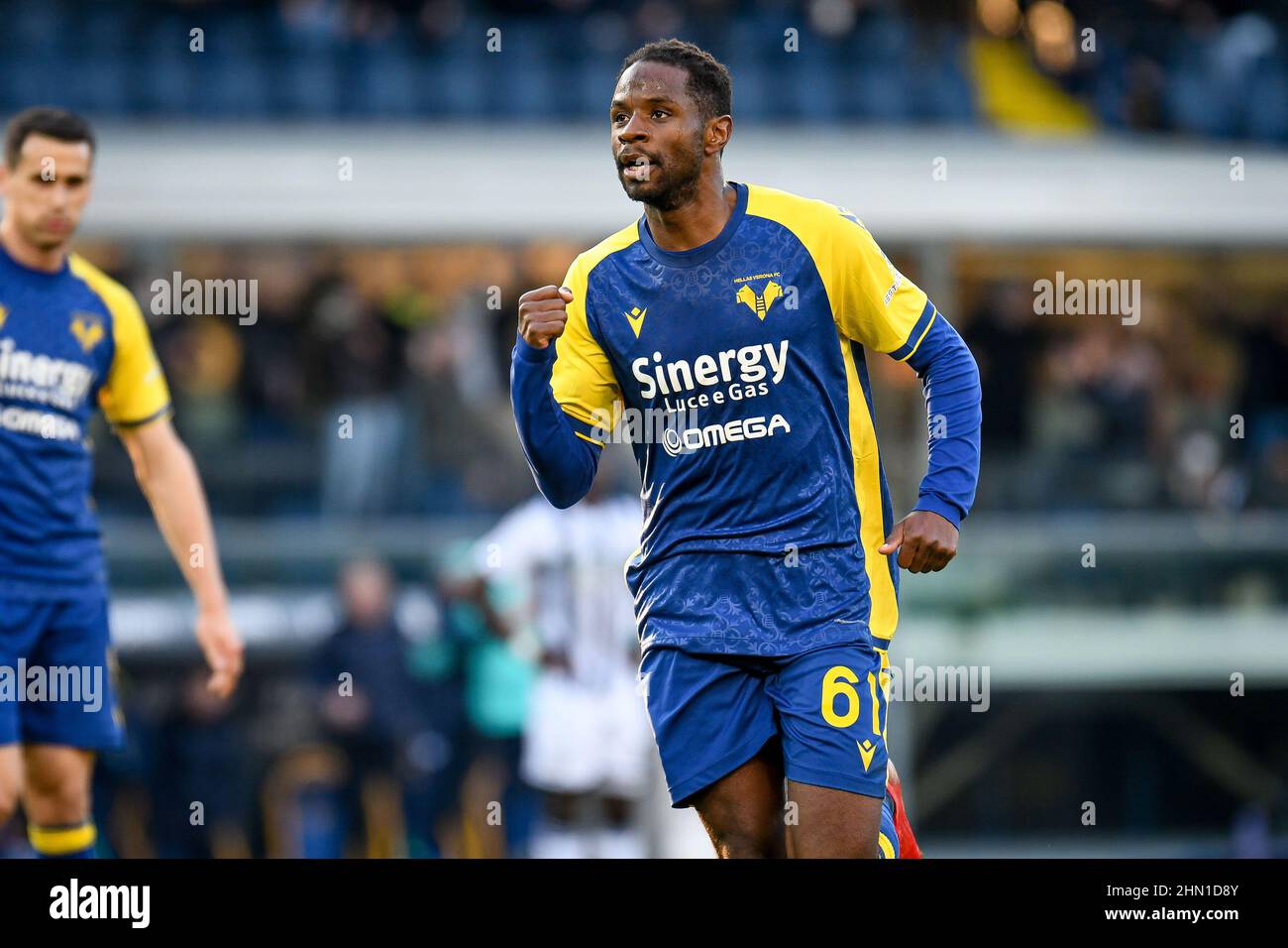 Verona, Italy. 13th Feb, 2022. Verona's Adrien Tameze celebrates after ...