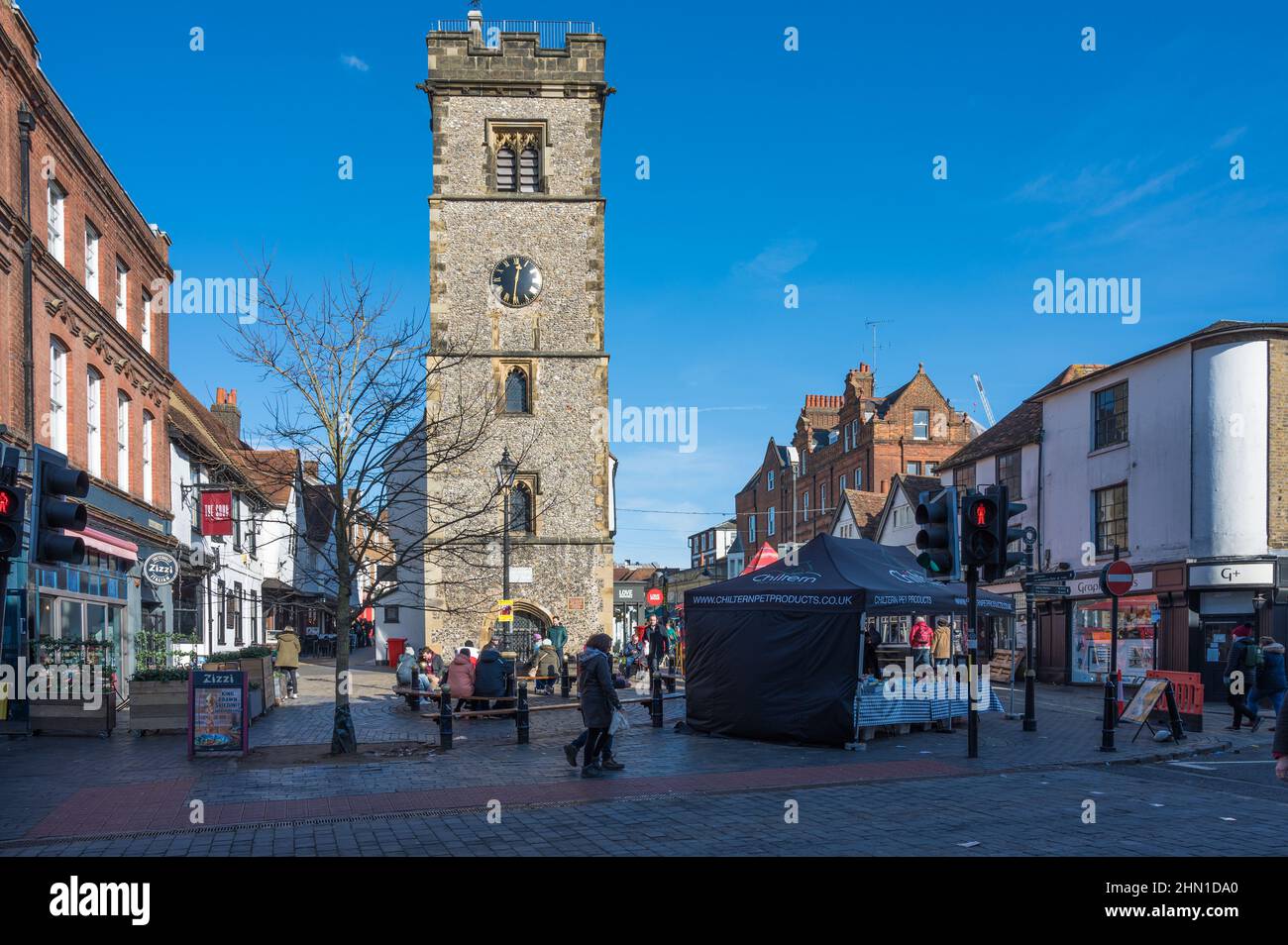 The Clock Tower in High Street, St. Albans. People out and about ...