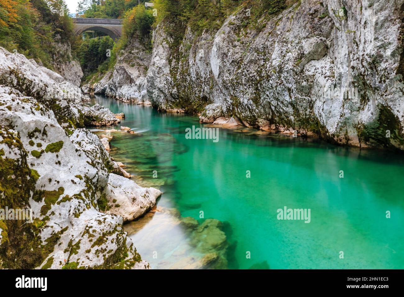 Napoleon Bridge near Kobarid, the smooth running Soča River underneath ...