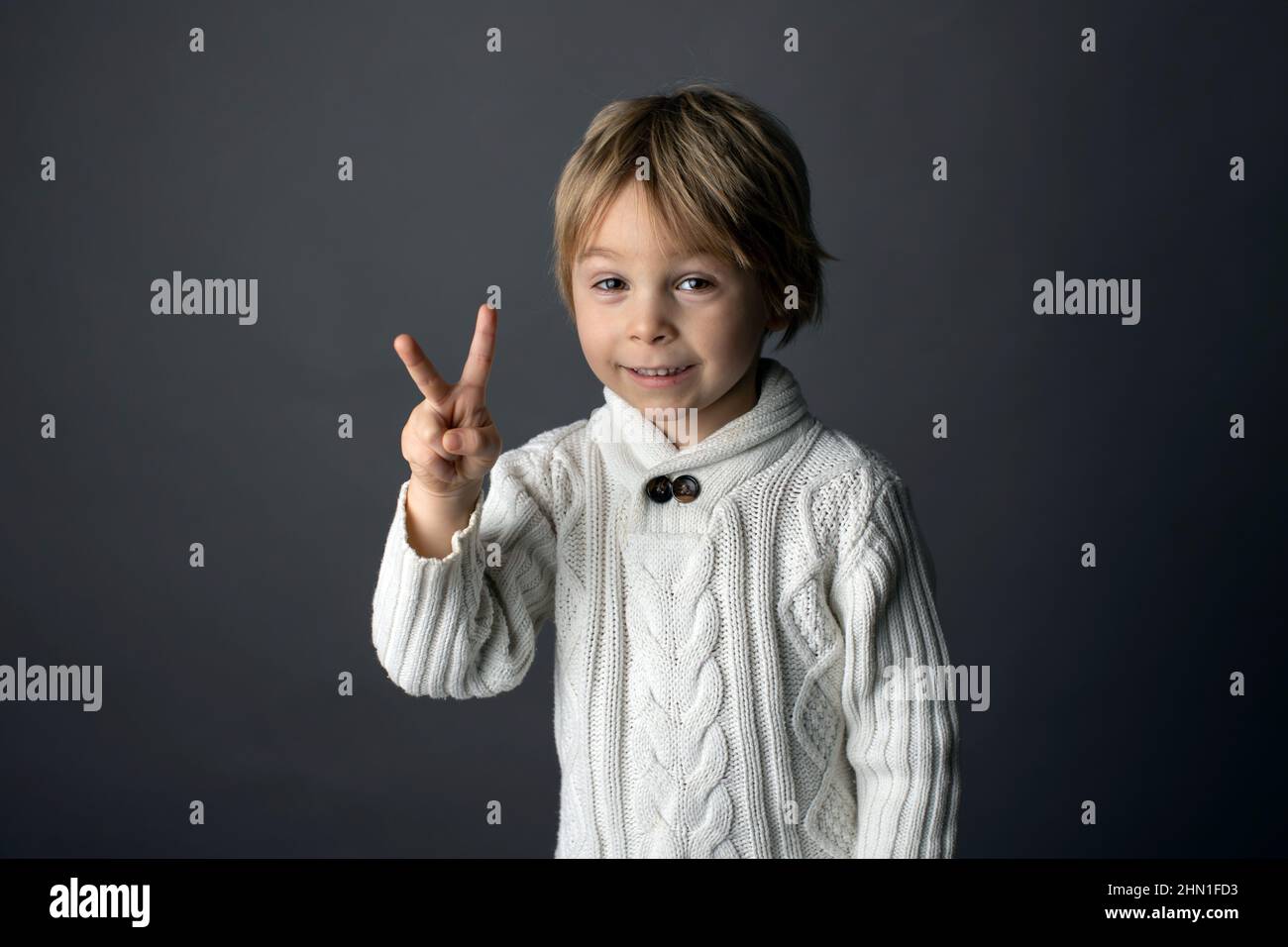 Cute little toddler boy, showing gesture in sign language on gray ...