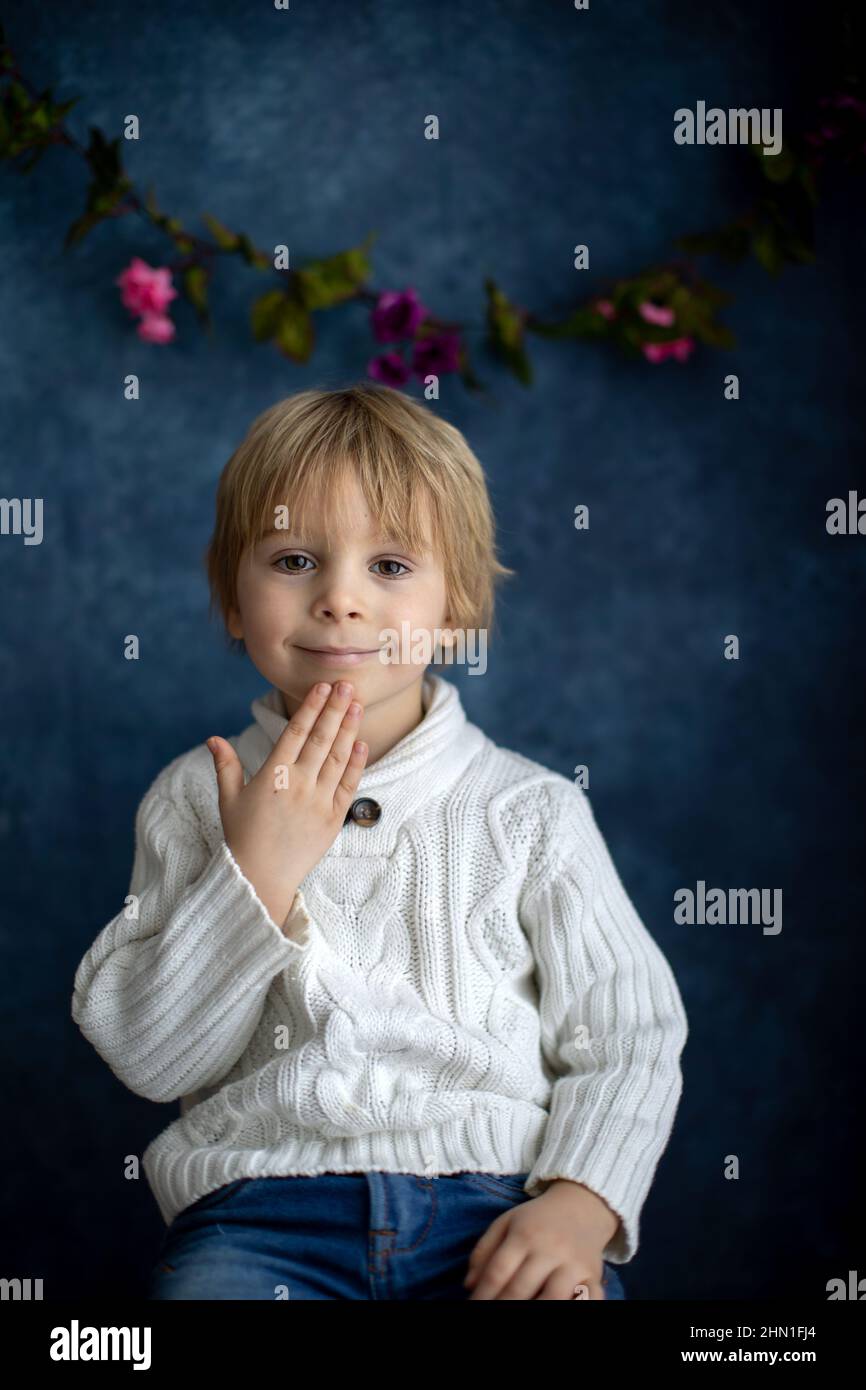 Cute little toddler boy, showing gesture in sign language on blue ...