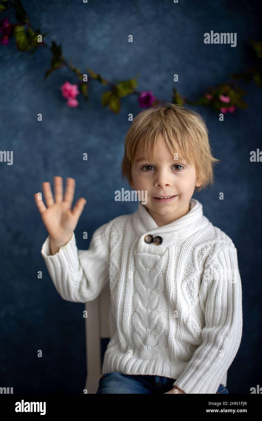 Cute little toddler boy, showing HELLO gesture in sign language on blue ...