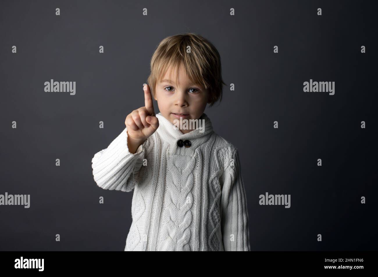 Cute little toddler boy, showing gesture in sign language on gray ...