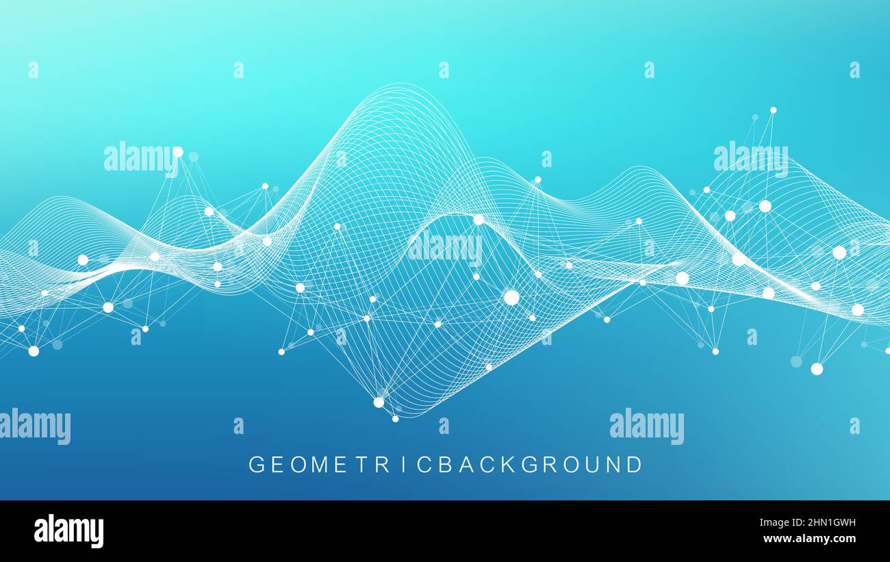 Digits abstract background with connected line and dots, wave flow. Digital neural networks ...