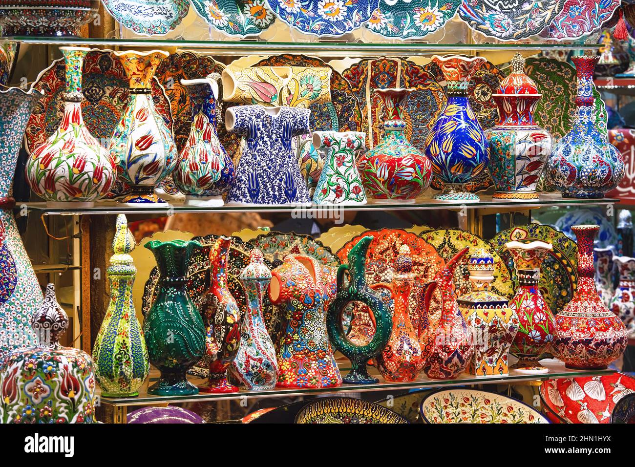 Traditional decorated turkish tableware sold in Grand Bazaar in ...