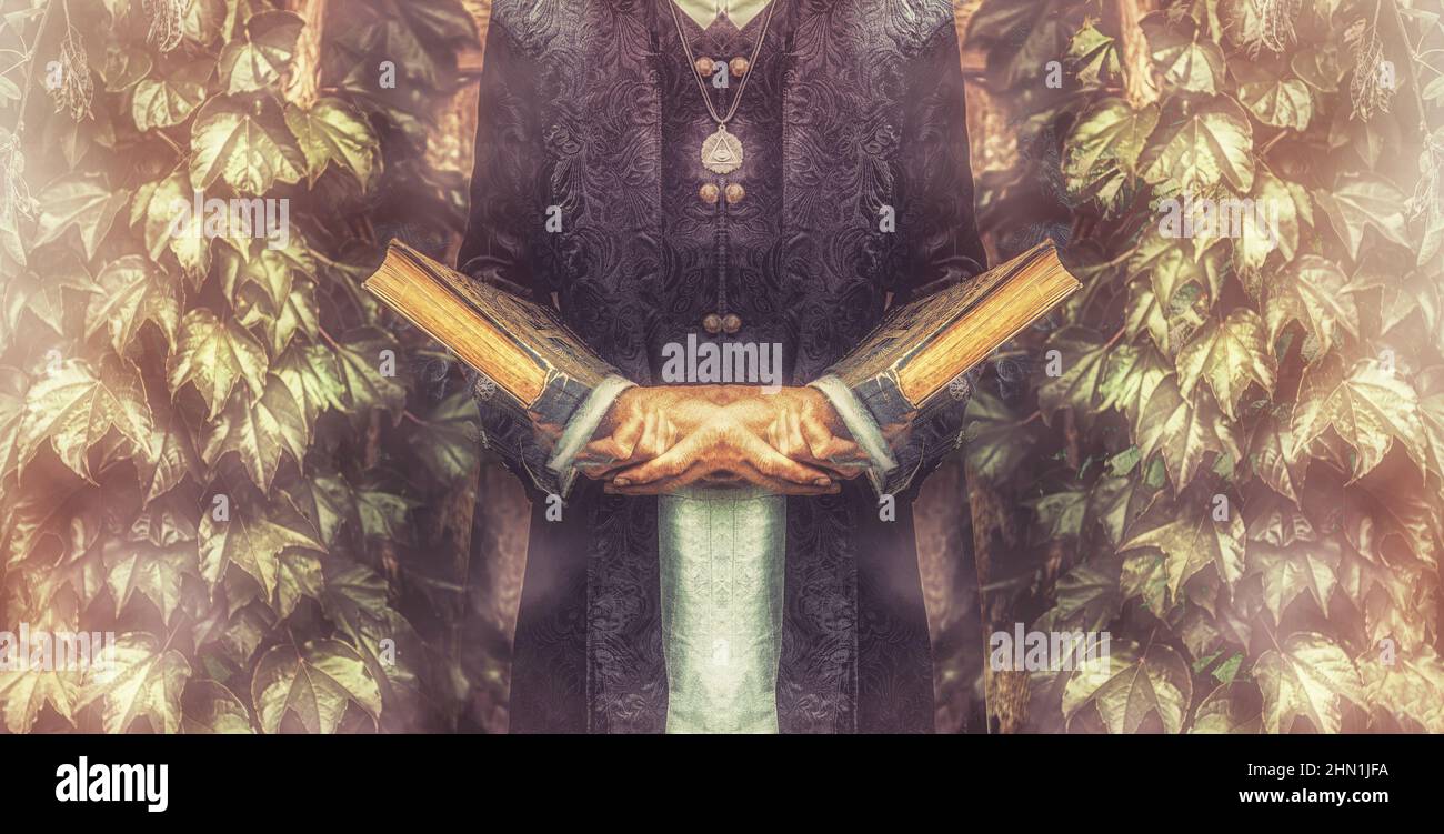 Alchemist in a beautiful ornamental dress in nature. Painting effect ...