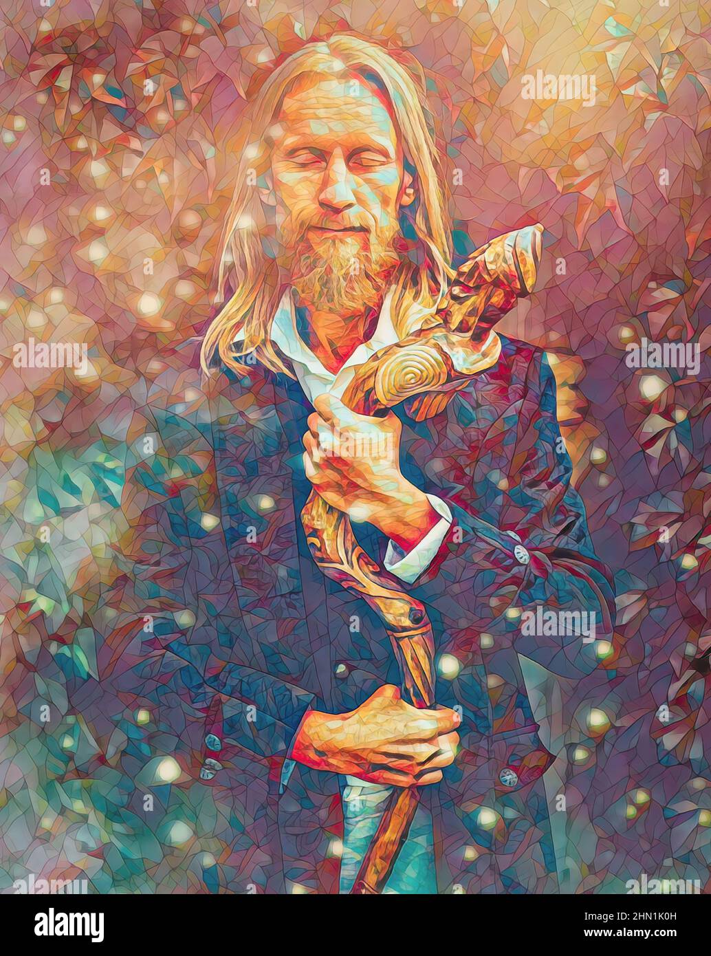 Alchemist in a beautiful ornamental dress in nature and mosaic ...